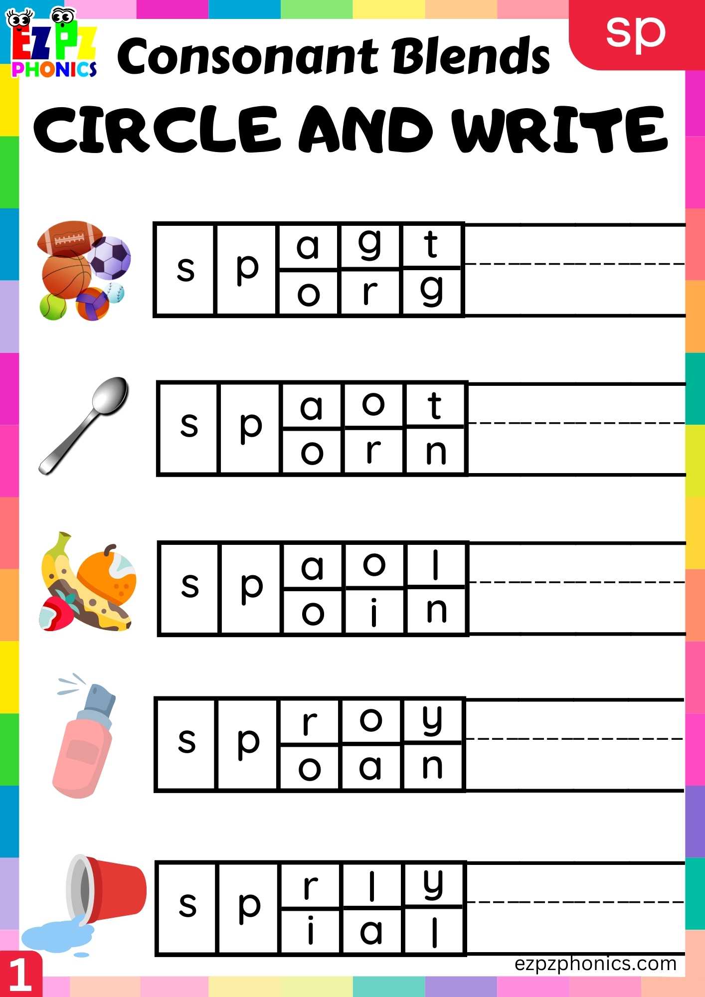 Group1 SP Words Circle And Write Phonics Consonant Blends Worksheet - ezpzphonics.com